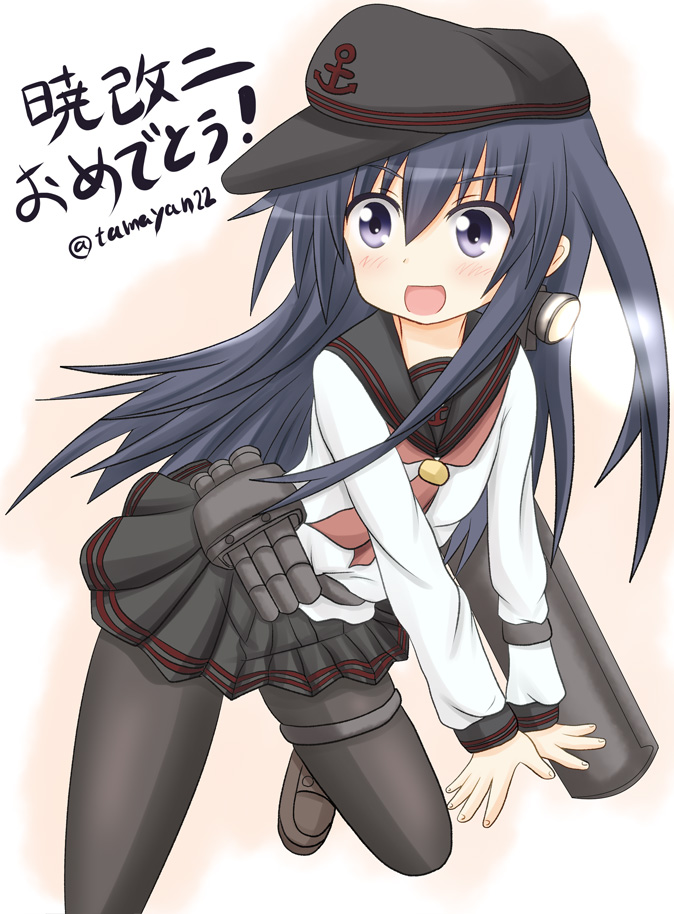 Safebooru - 1girl :d akatsuki (kantai collection) anchor symbol black hair black legwear black ...