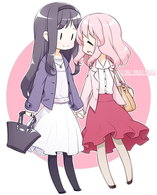 Safebooru - 2girls akemi homura bag black hair hairband holding hands kaname madoka long hair ...