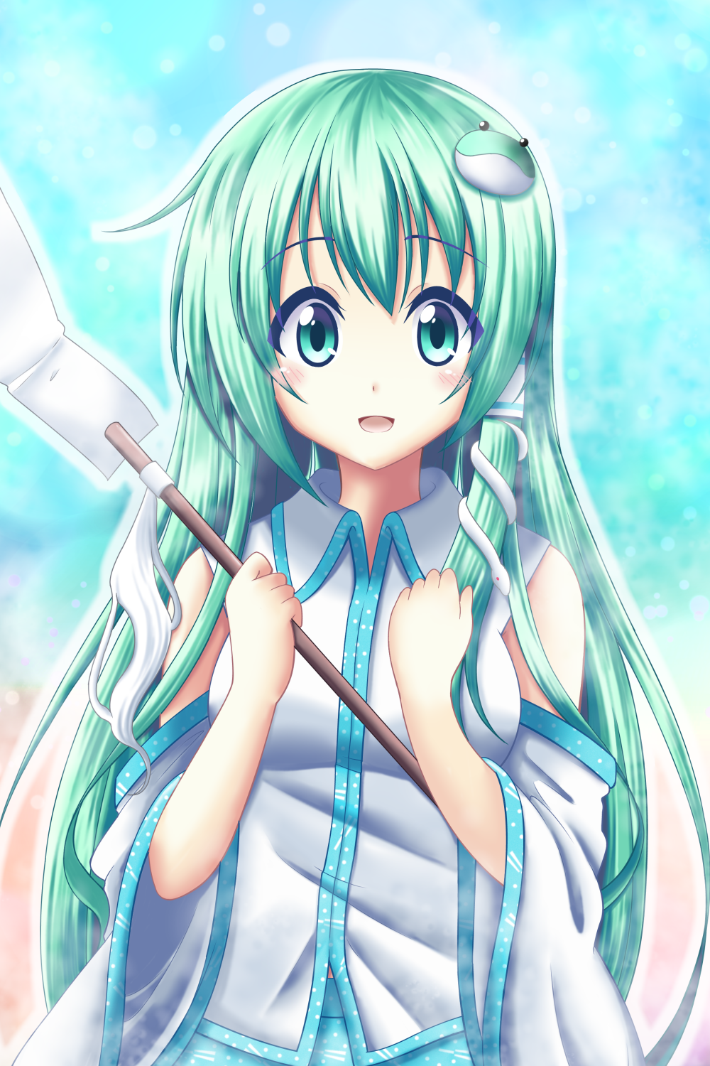 Safebooru - 1girl :d detached sleeves frog hair ornament green eyes ...