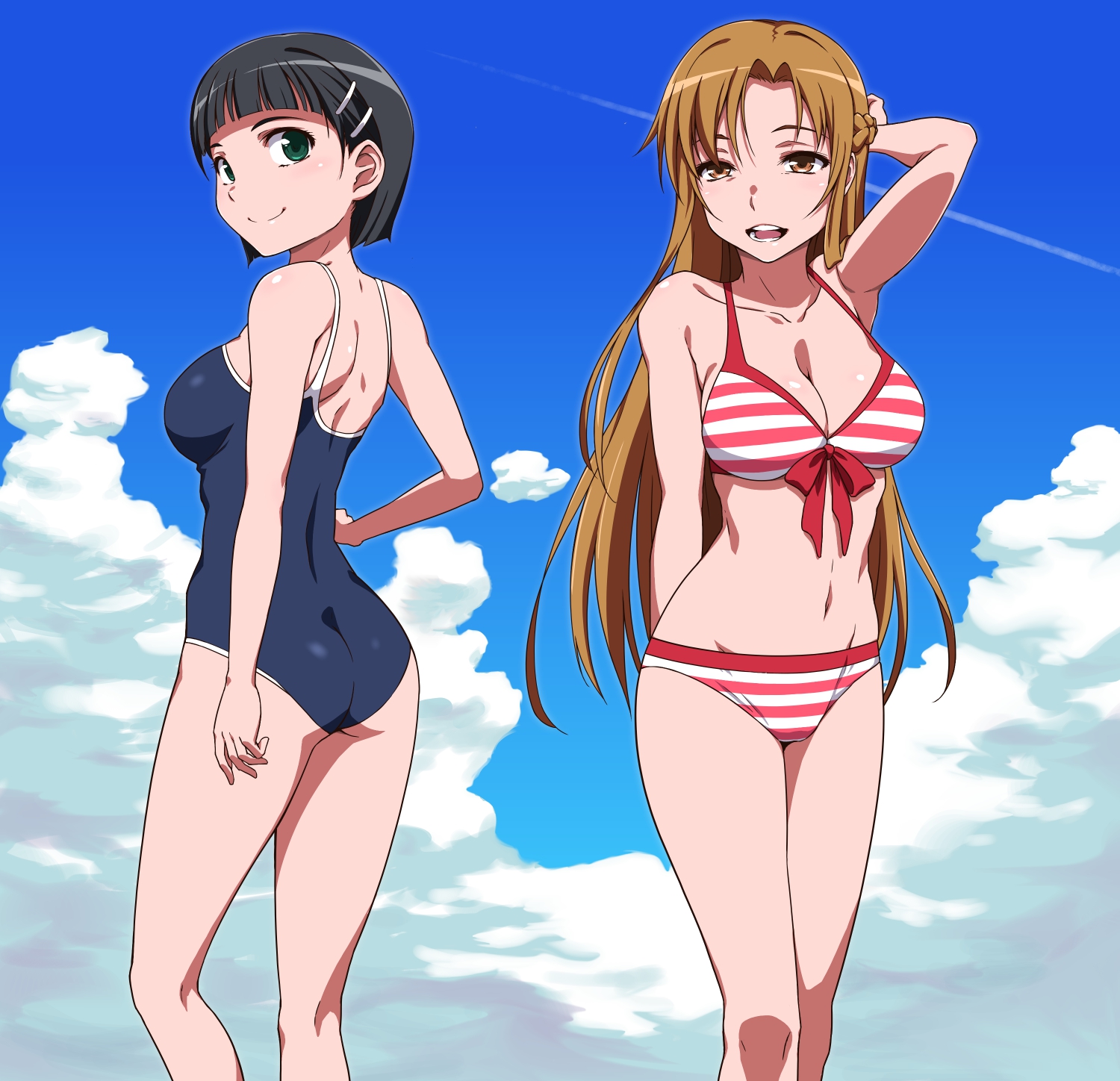 Safebooru - 2girls ass asuna (sao) bikini black hair brown eyes brown hair competition school ...