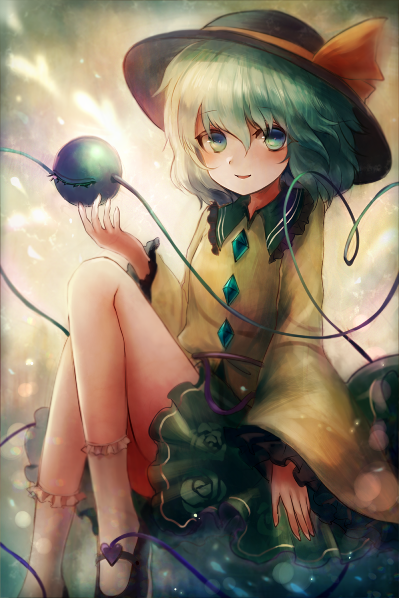 Safebooru - 1girl eyeball floral print green eyes green hair hat hat ribbon heart heart of ...