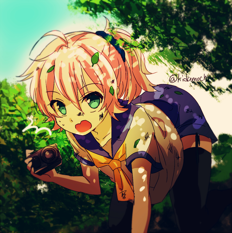 Safebooru - 1girl ahoge aoba (kantai collection) ascot black legwear camera crawling dirty ...