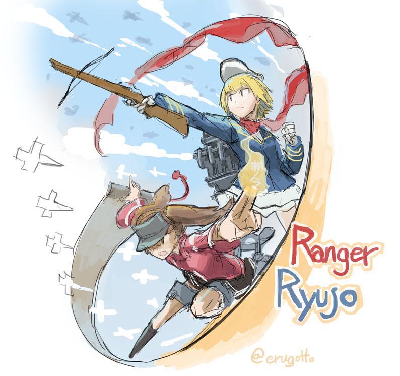 Safebooru - 2girls artist name blonde hair bow (weapon) brown hair ...