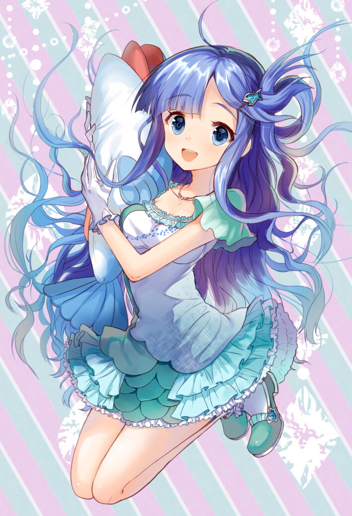Safebooru - 1girl :d asari nanami blue eyes blue hair fish hair ornament frilled skirt frills ...