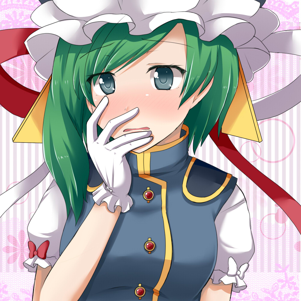 Safebooru - 1girl blush covering mouth embarrassed gloves green eyes ...