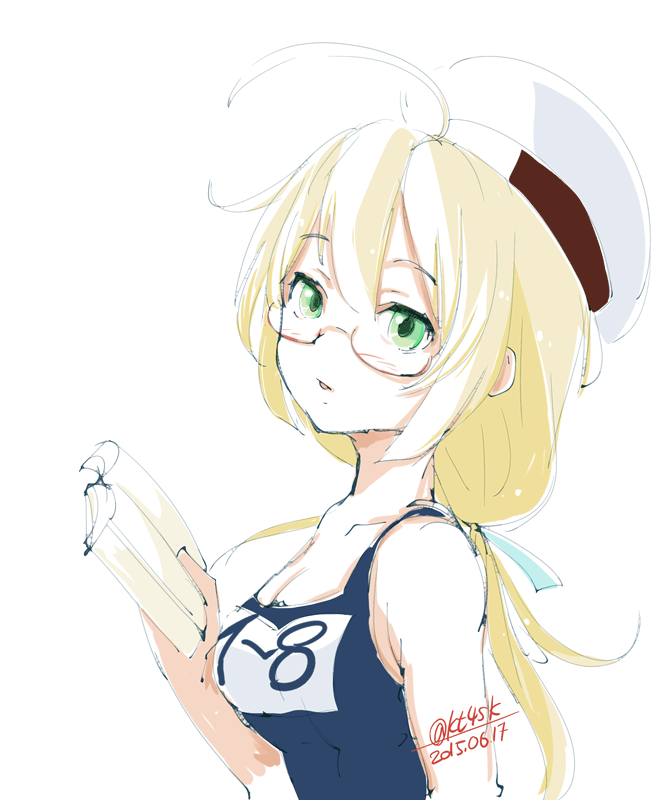 Safebooru - 1girl 2015 4suke :o aqua eyes blonde hair book breasts cleavage dated glasses hair ...