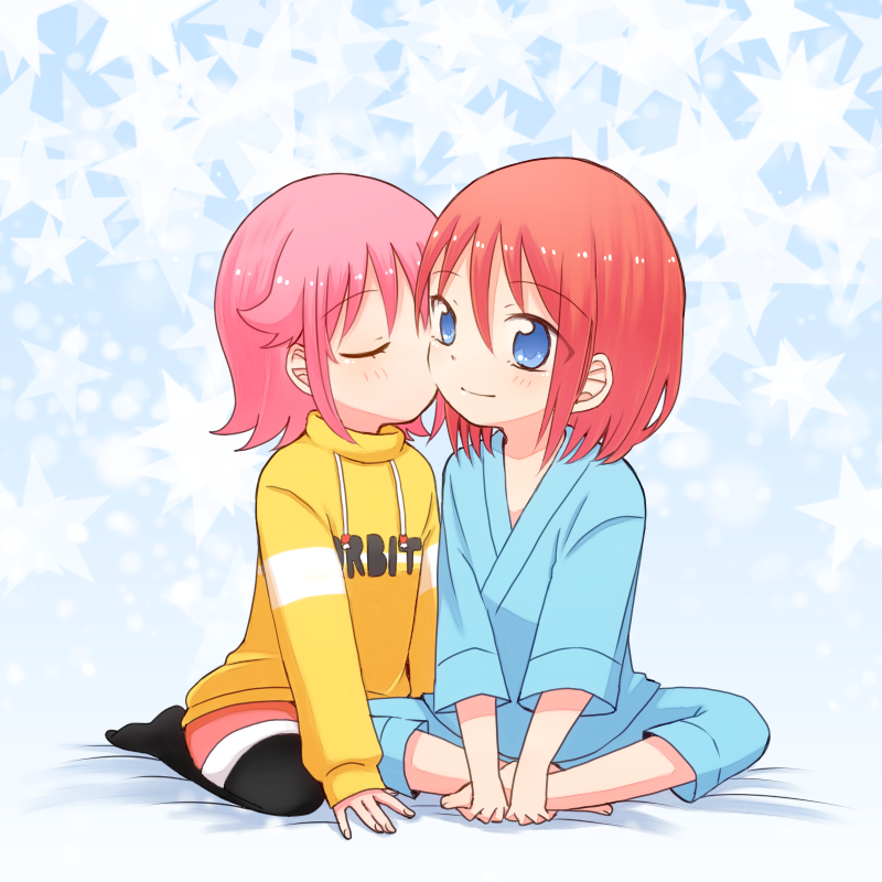 Safebooru - 1boy 1girl blue eyes cheek kiss child hospital gown houkago no pleiades kiss ...