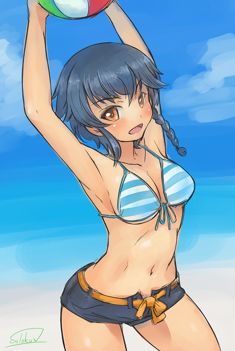 Safebooru - 1girl ball beachball bikini top black hair braid brown eyes denim denim shorts girls ...