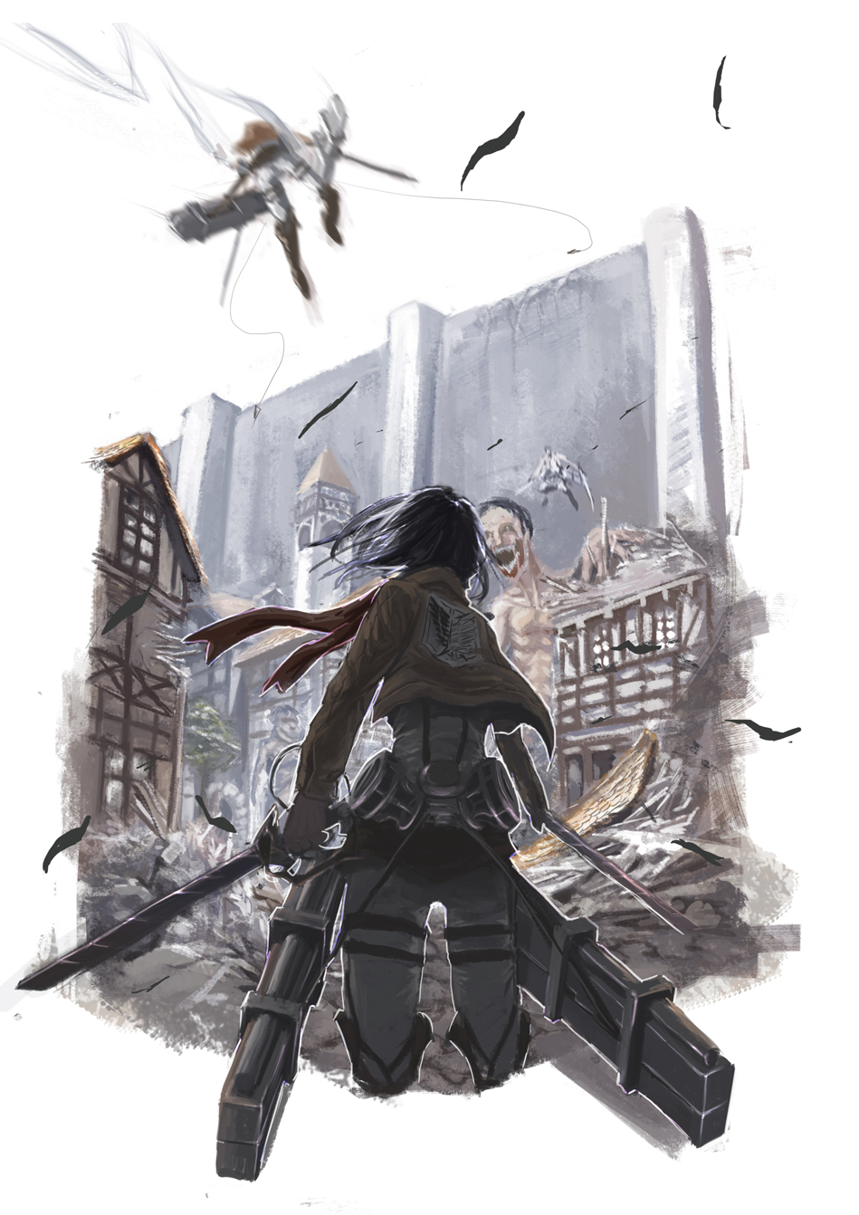 Safebooru - 1girl black hair building cropped legs flying from behind ...