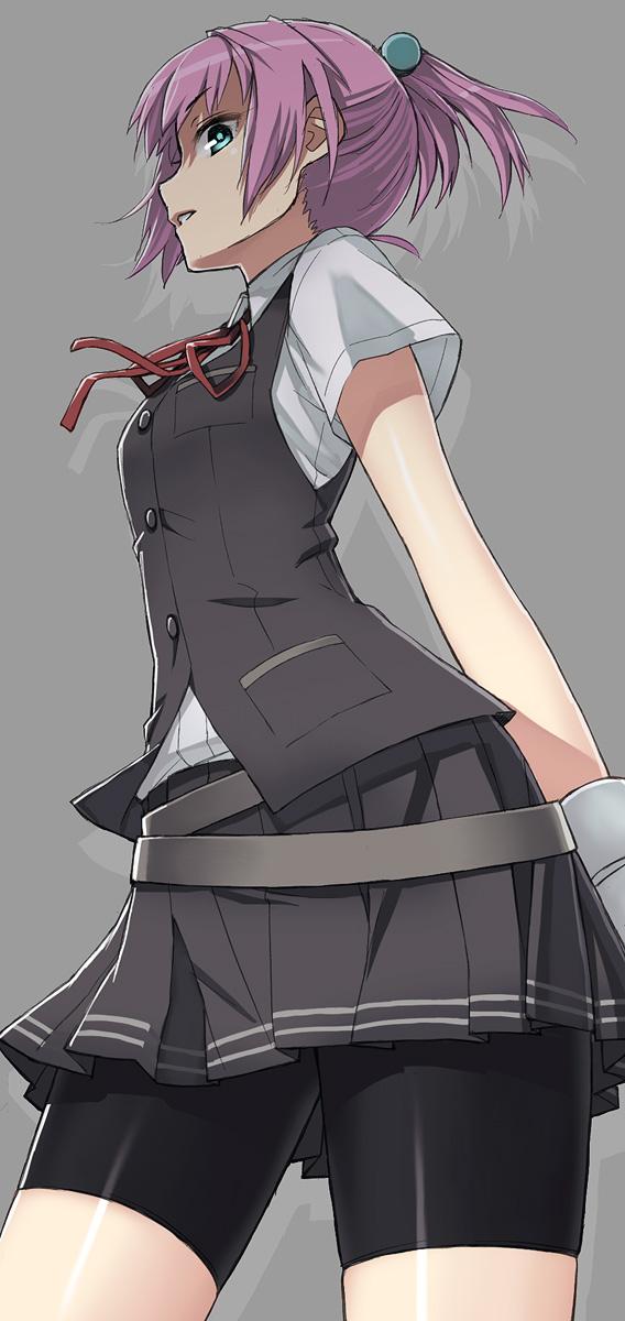 Safebooru - 1girl aqua eyes belt bike shorts cowboy shot from side gloves grey background ...