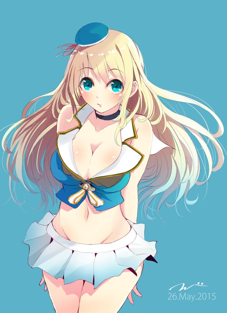 Safebooru - 1girl alternate costume atago (kantai collection) blonde hair blue background blue ...