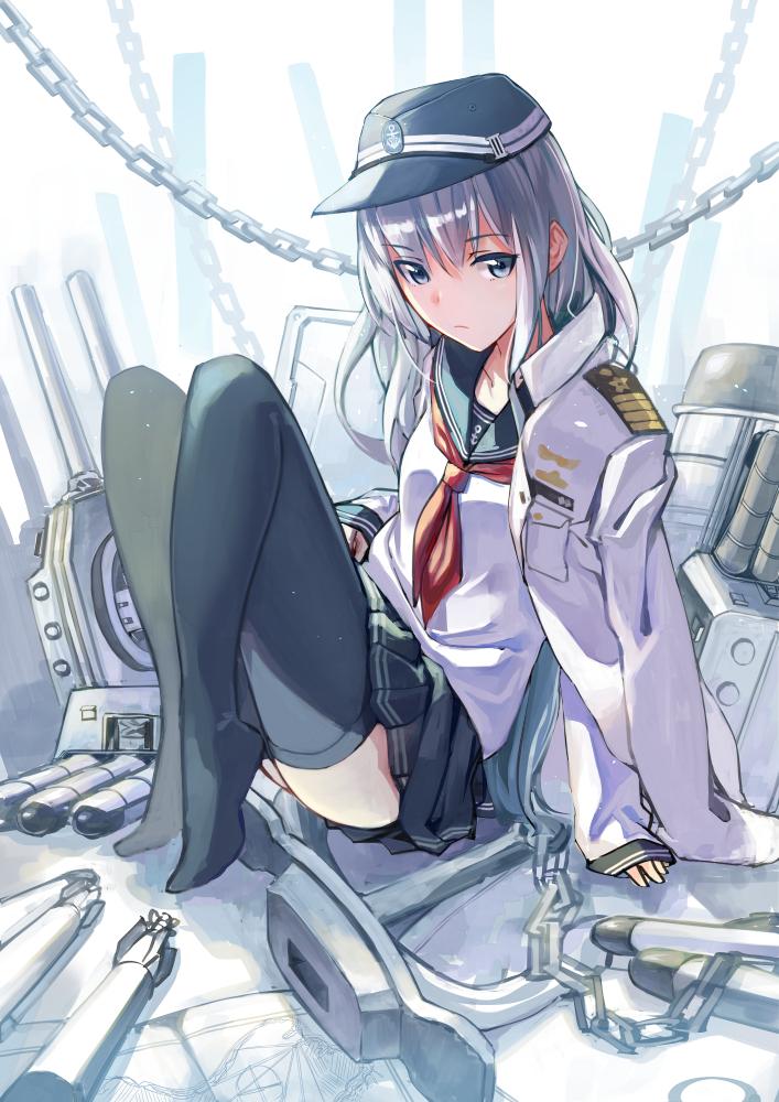 Safebooru - 1girl black legwear blue eyes chain fujita (condor) hat hibiki (kantai collection ...