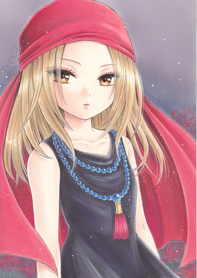 Safebooru - 1girl bandana bare shoulders beads black dress blonde hair brown eyes dress ...