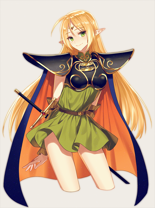 Safebooru - 1girl armor arms behind back blonde hair cape circlet cropped legs deedlit elf green ...