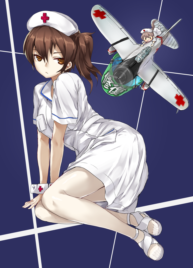 Safebooru - 1girl airplane brown hair fairy (kantai collection) hat kaga (kantai collection ...