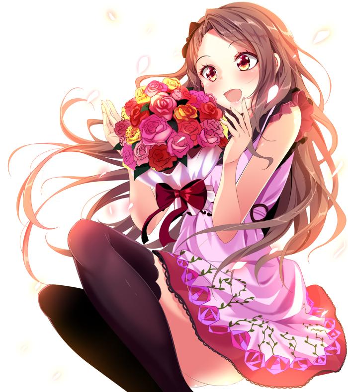 Safebooru - 1girl :d bare shoulders black legwear bouquet bow brown hair dress flower frills ...