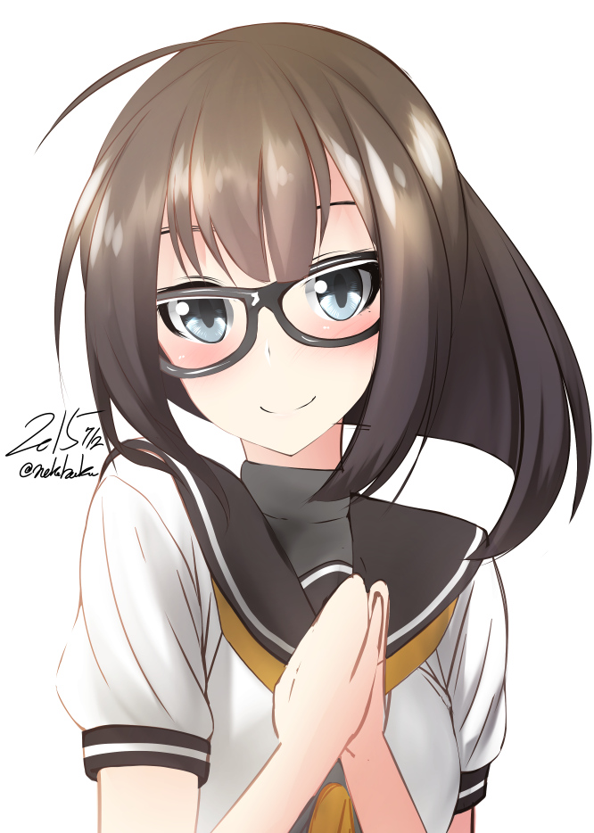 Safebooru - 1girl 2015 ahoge akizuki (kantai collection) artist name bespectacled black hair ...