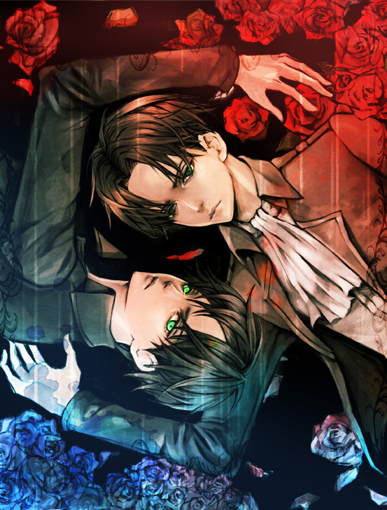 Safebooru - 2boys black hair blue rose eren jaeger flower green eyes ...
