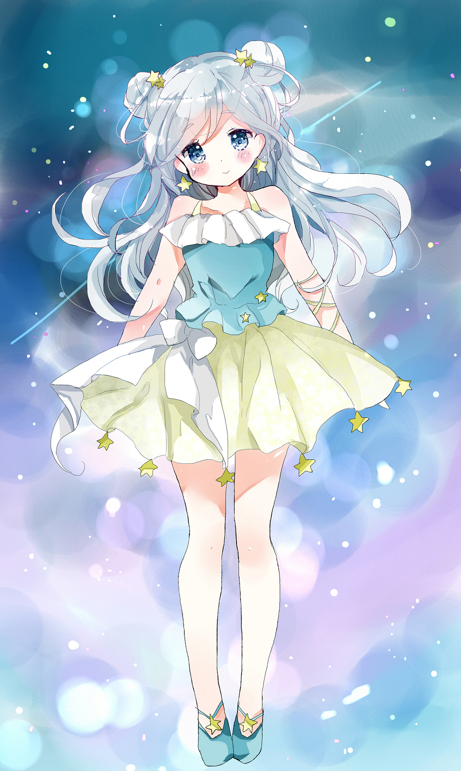 Safebooru Blue Eyes Blue Hair Blush Double Bun Dress Earrings Hair 0205