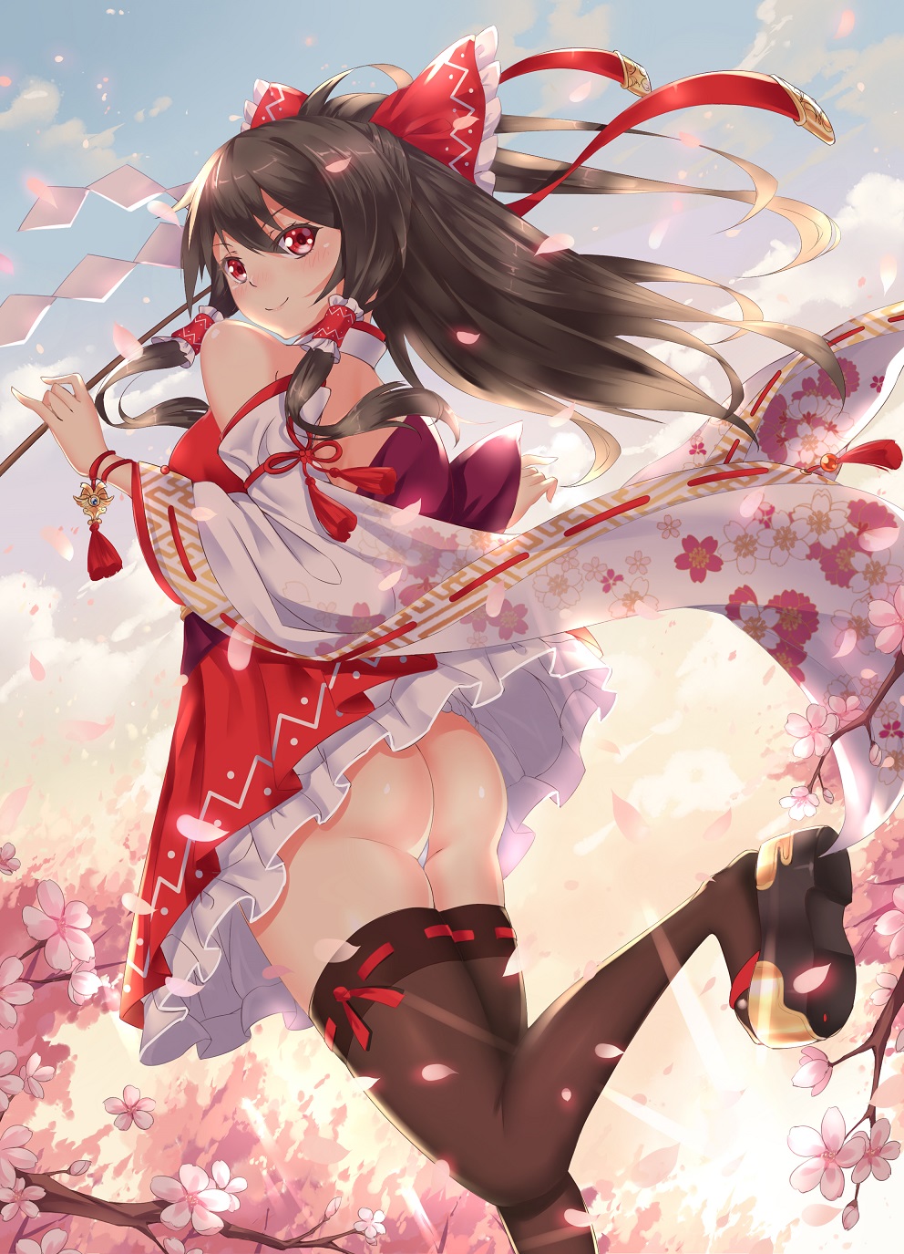 Safebooru - 1girl ass black hair cherry blossoms detached sleeves gohei hair tubes hakurei reimu ...