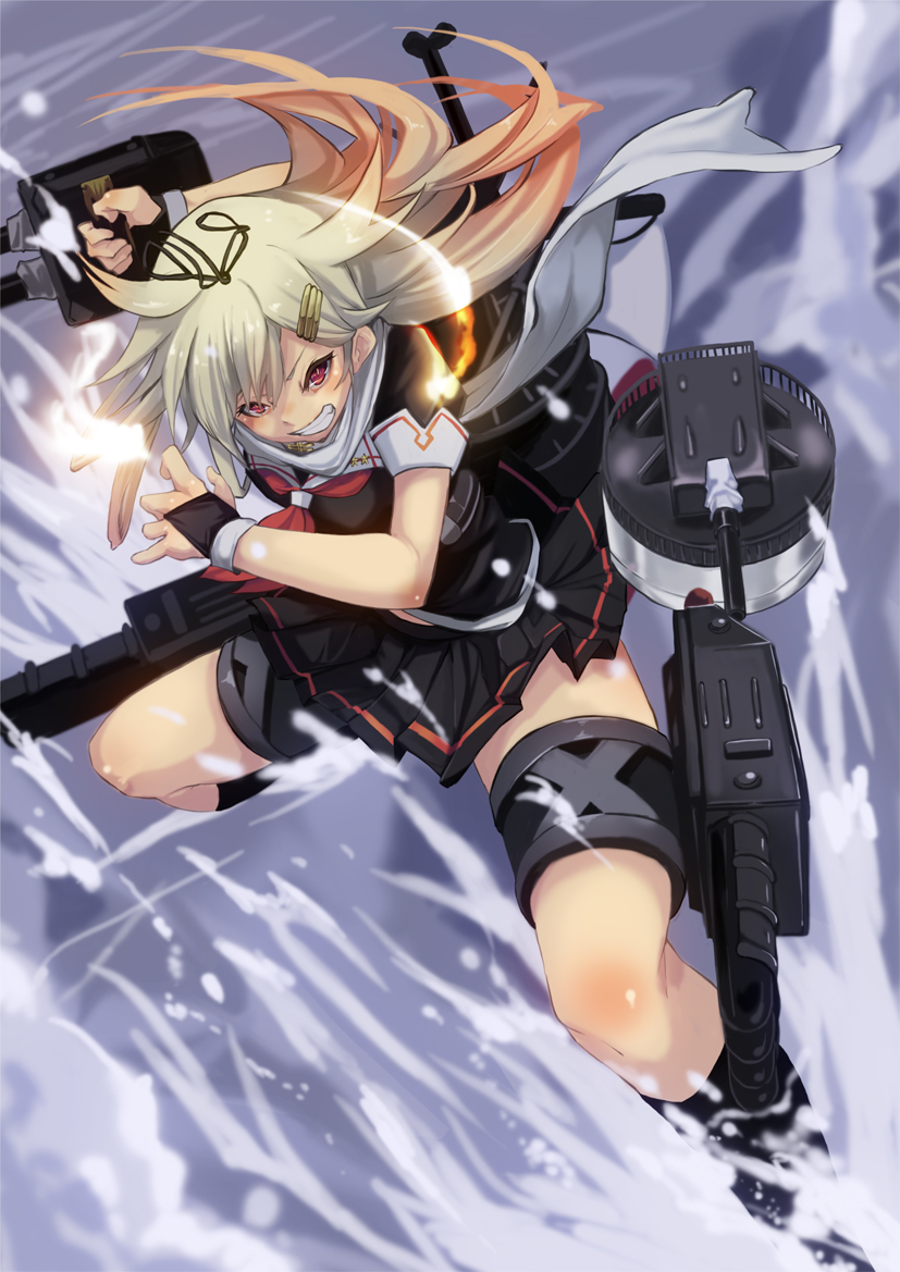 Safebooru - 1girl black legwear blonde hair clenched teeth fu-ta gloves hair ornament hairclip ...