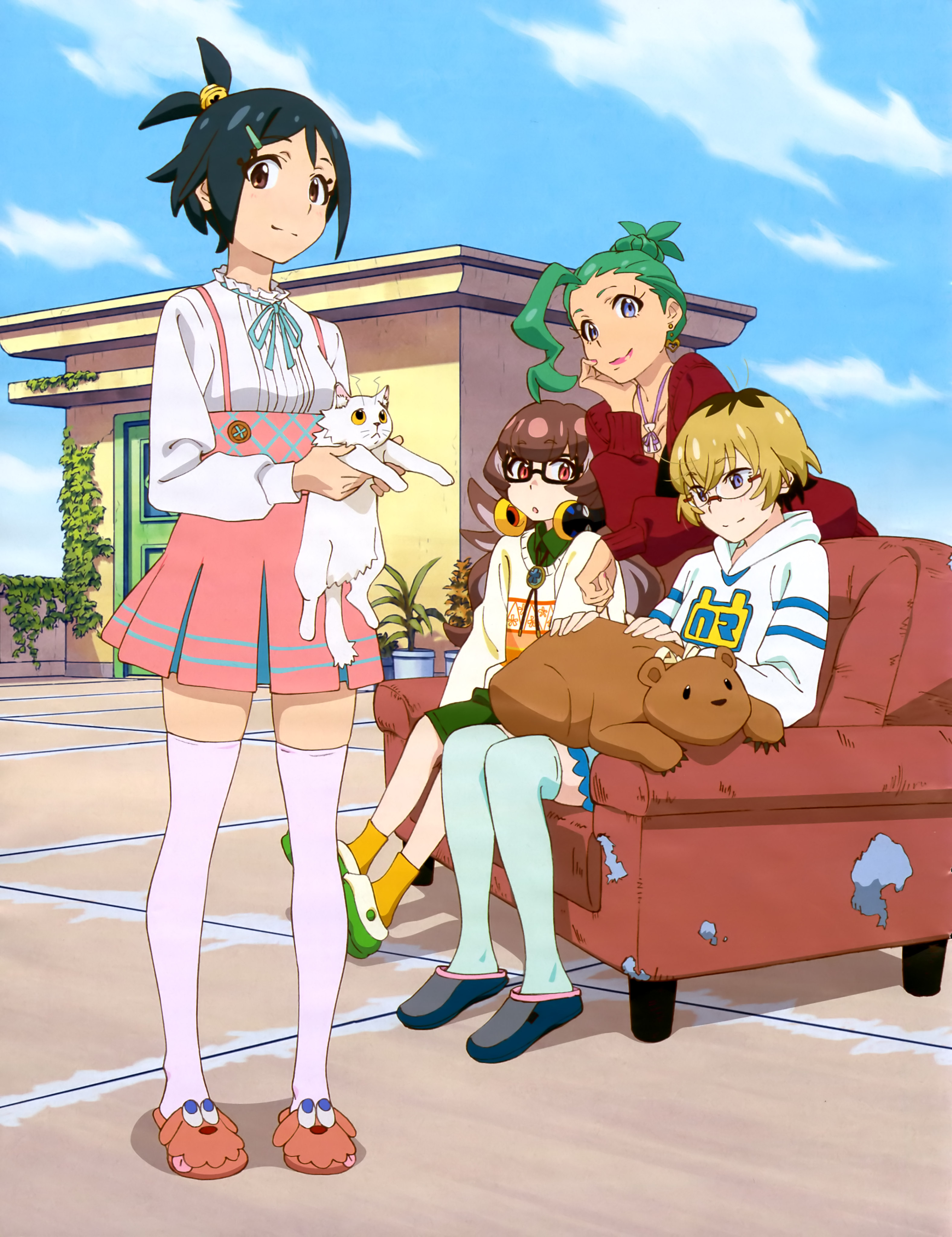 Safebooru - 4girls absurdres bear bell black-framed glasses black eyes ...