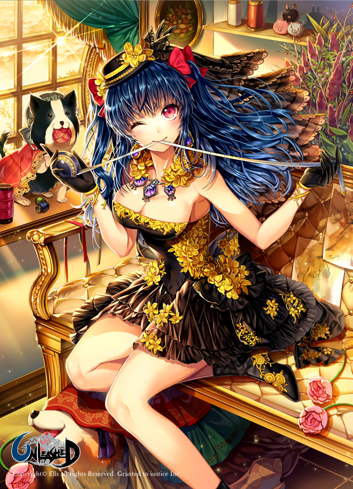 Safebooru - 1girl bare arms bare shoulders blue hair bow breasts cleavage couch curtains dress ...