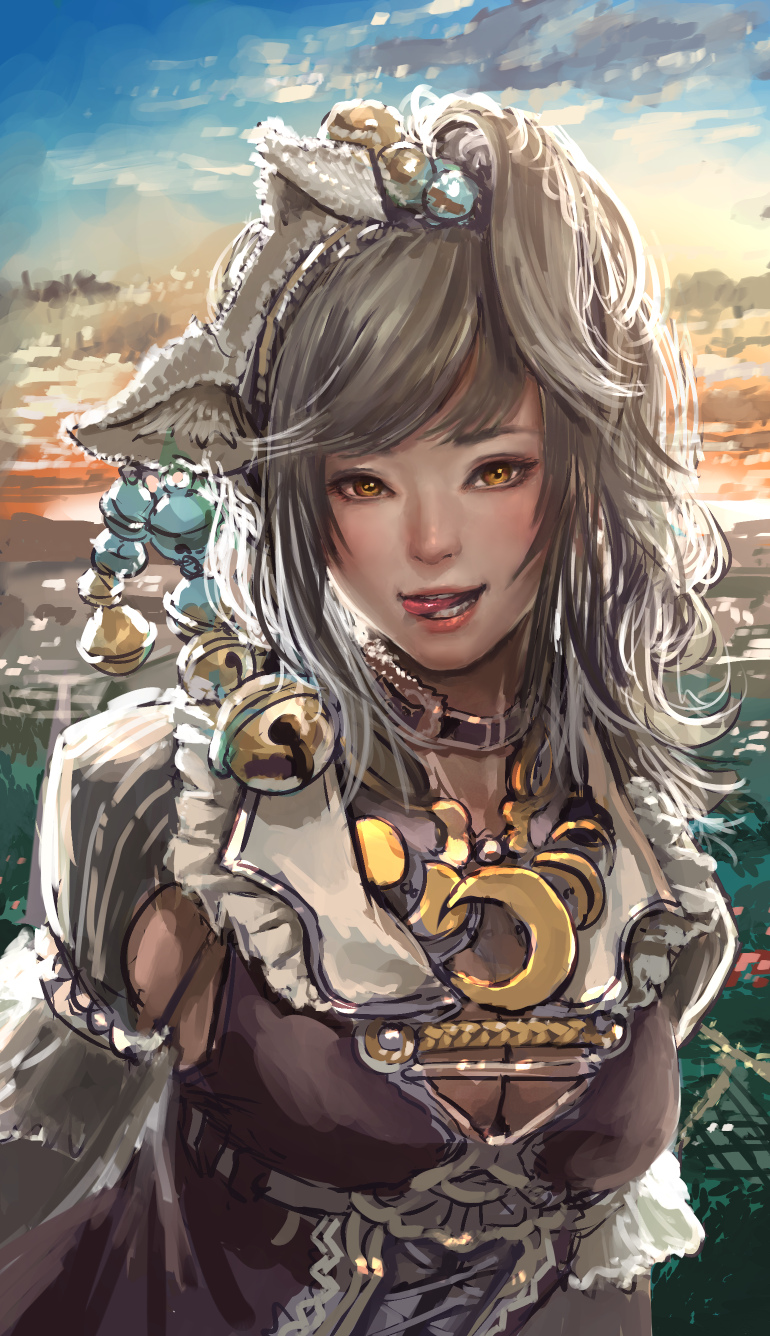 Safebooru - 1girl animal ears bell breasts brown eyes cat ears cleavage collar fake animal ears ...