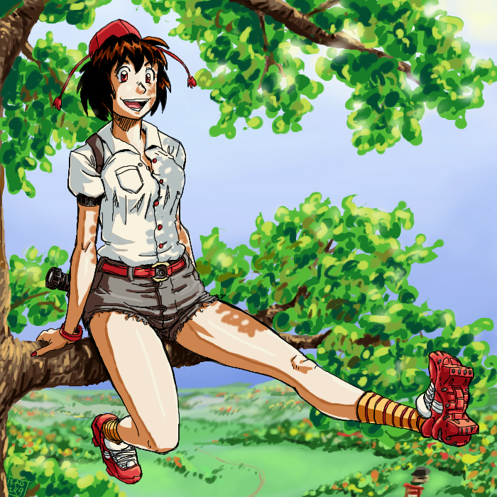 Safebooru - branch cutoffs happy hat in tree ragathol shameimaru aya short hair shorts sitting ...