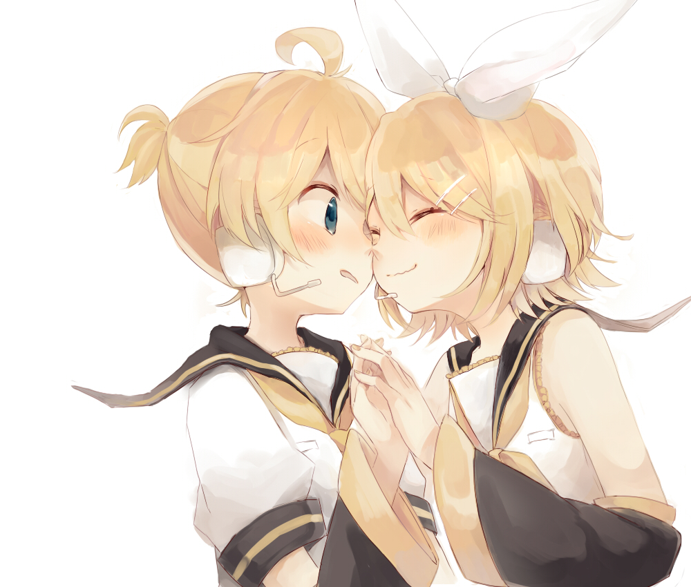 Safebooru - 1boy 1girl ahoge arm warmers blonde hair blue eyes blush brother and sister closed ...