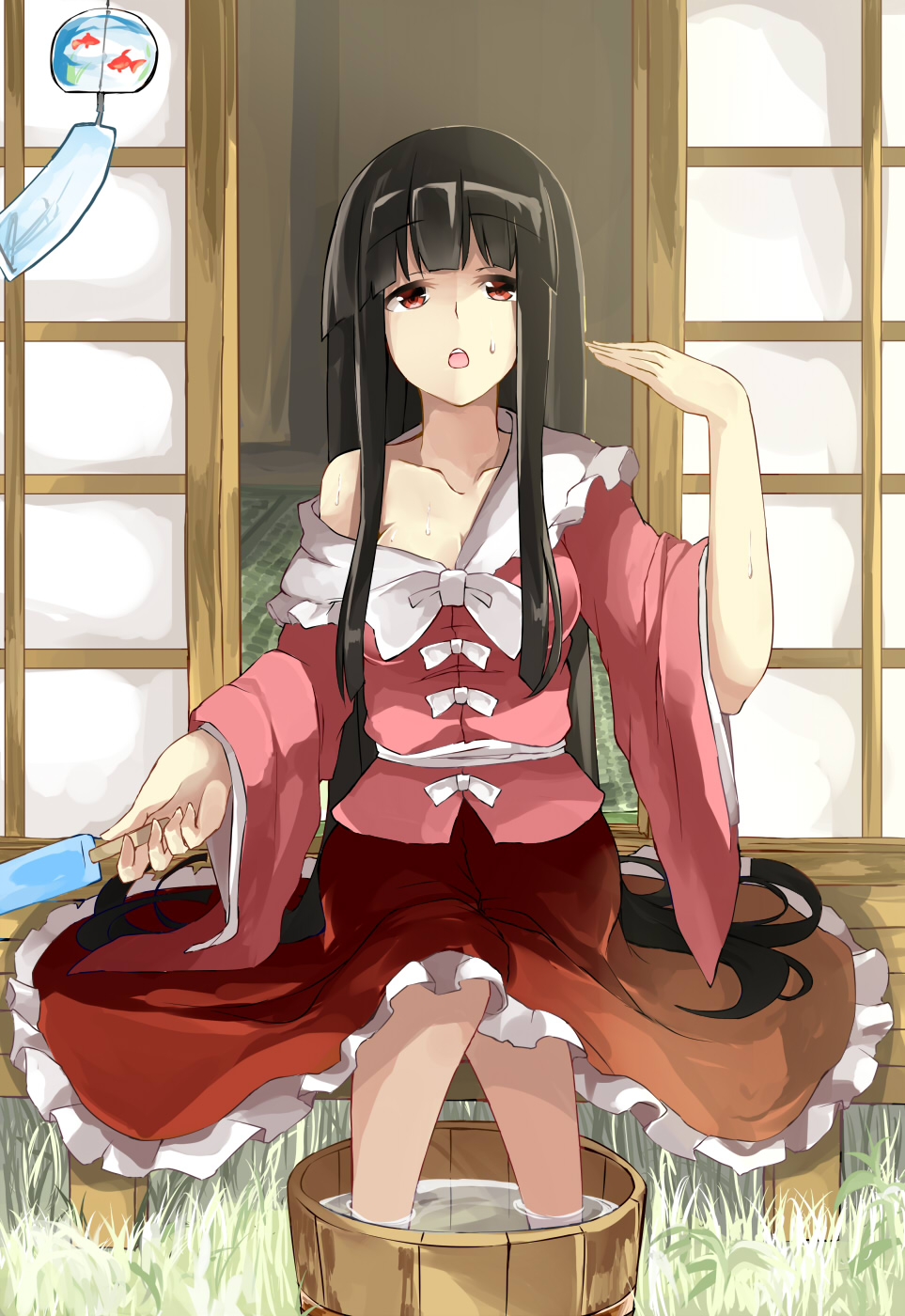 Safebooru - 1girl black hair breasts cleavage collarbone deetamu dress fanning self gari gari ...