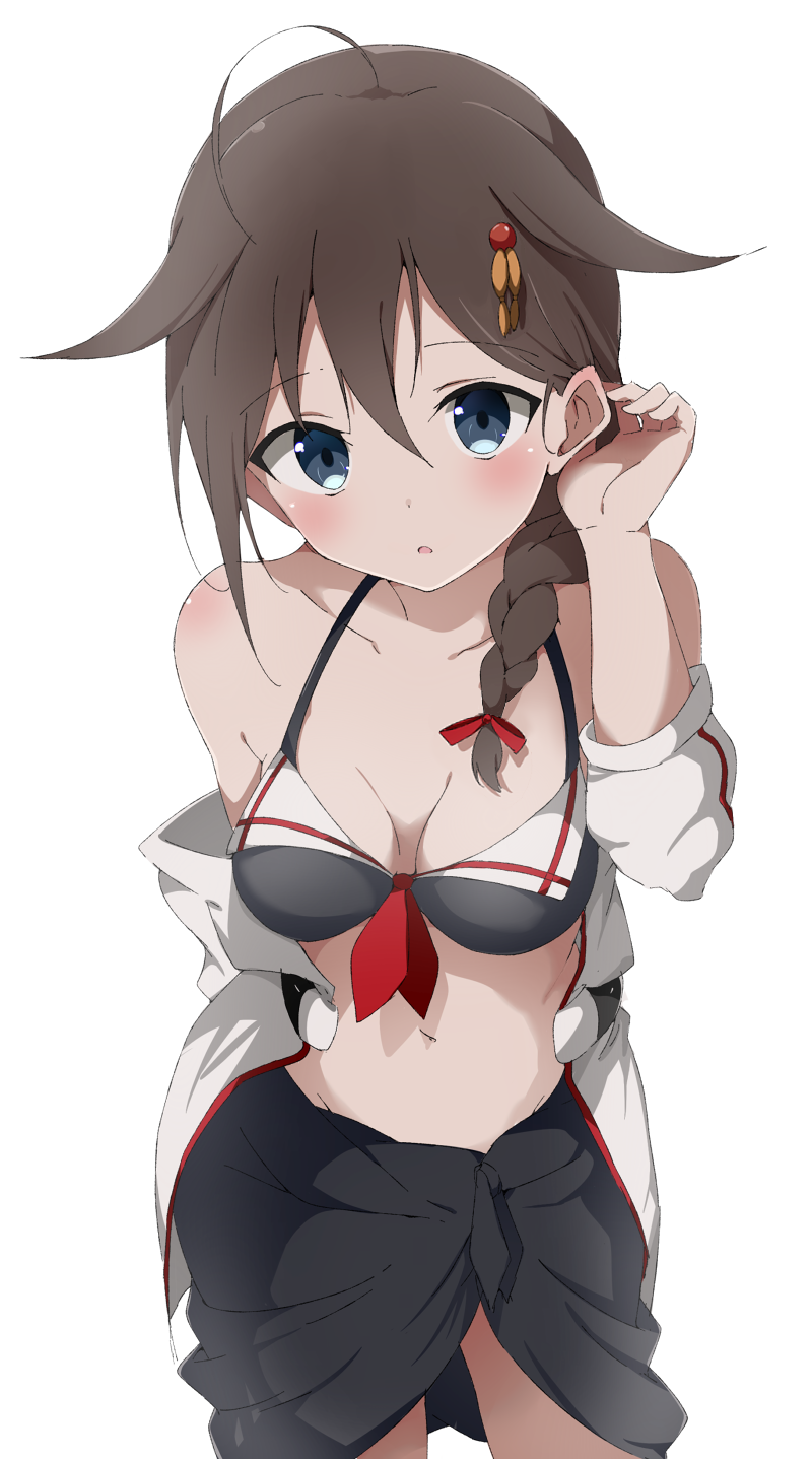 Safebooru - 1girl adapted costume adjusting hair ahoge bikini black hair blue eyes braid breasts ...