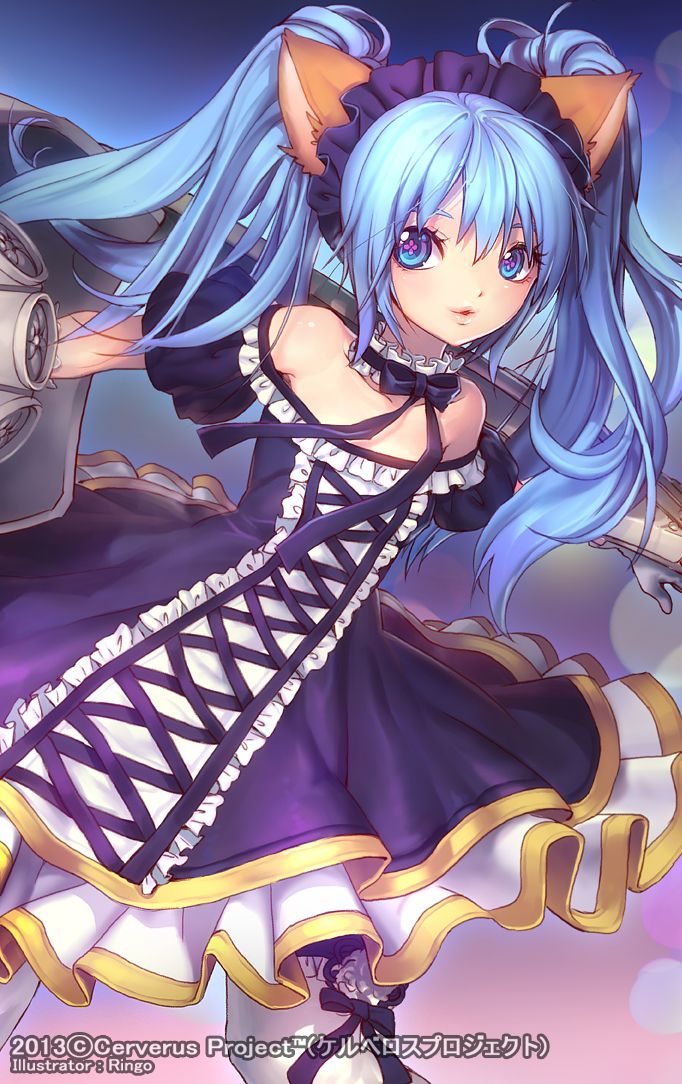 Safebooru - 1girl animal ears blue eyes blue hair dog ears dress elin (tera) long hair no tail ...