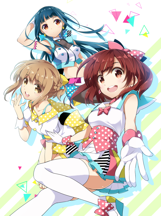 Safebooru - 3girls ariko youichi bangs blue hair blush bob cut bow braid brown eyes brown hair ...