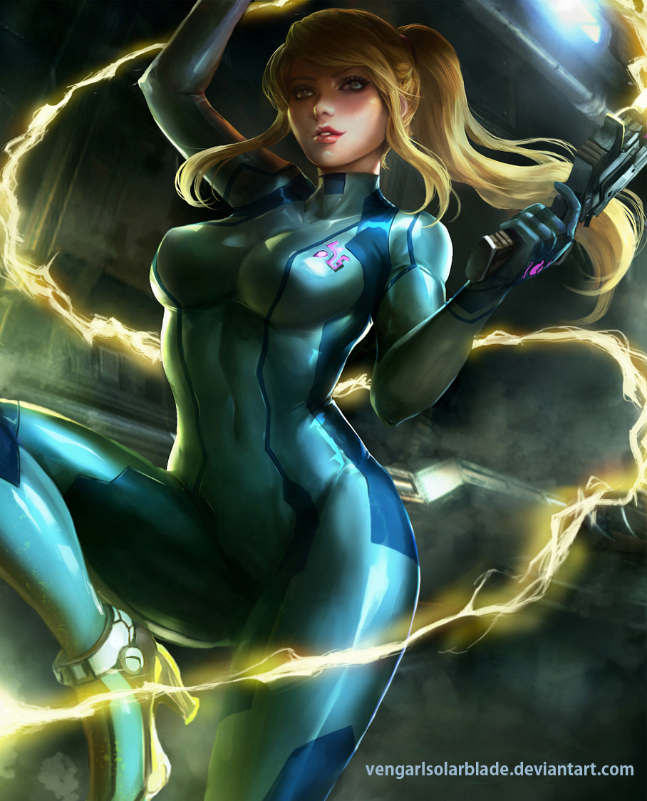 Safebooru - 1girl blonde hair blue eyes bodysuit gun high heels long hair metroid ponytail samus ...