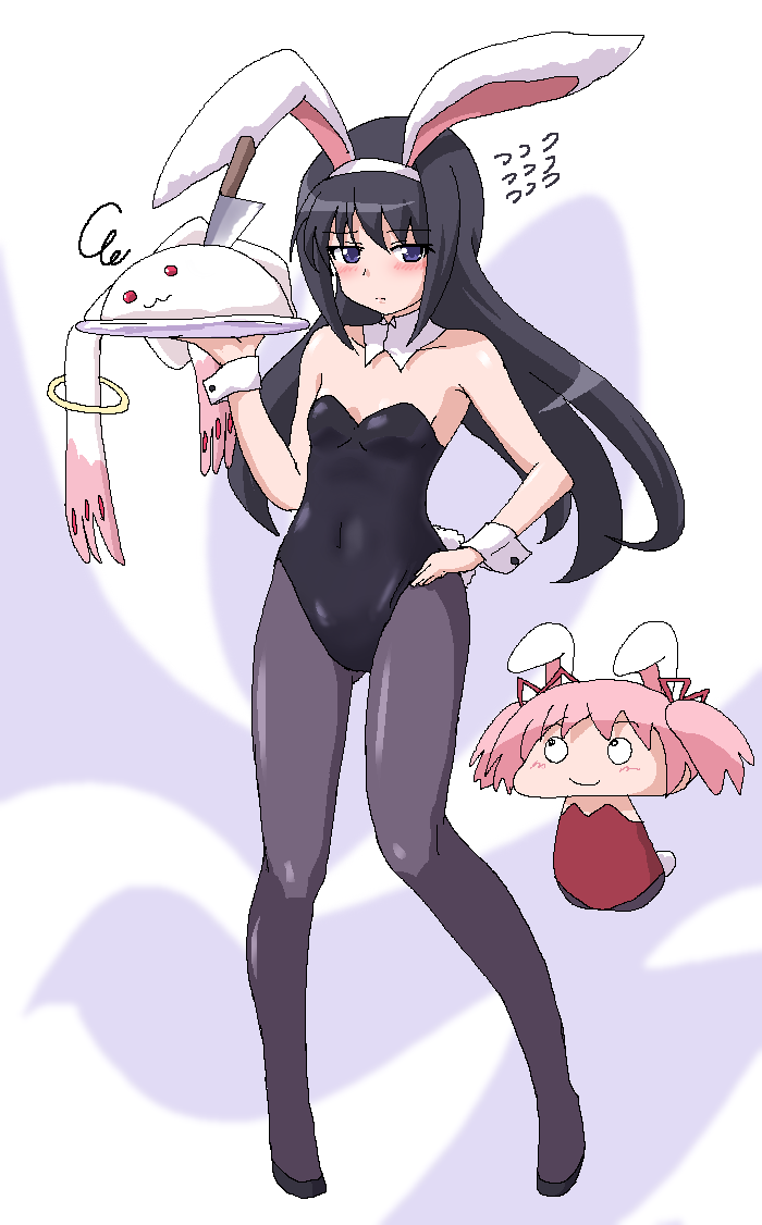 Safebooru - 2girls akemi homura animal ears bare shoulders black hair blush bowtie bunny girl ...