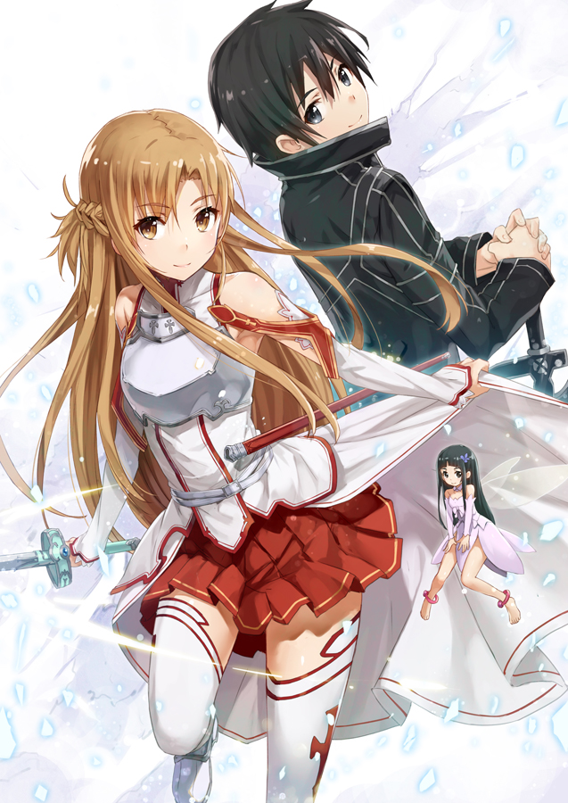 Safebooru - 1boy 2girls anklet asuna (sao) black eyes black hair brown eyes brown hair gabiran ...