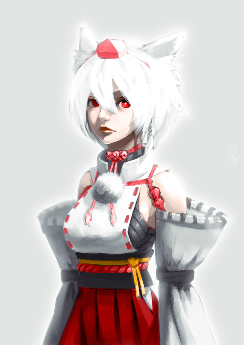 Safebooru - 1girl albino animal ears detached sleeves grey background hat highres hiragana ...