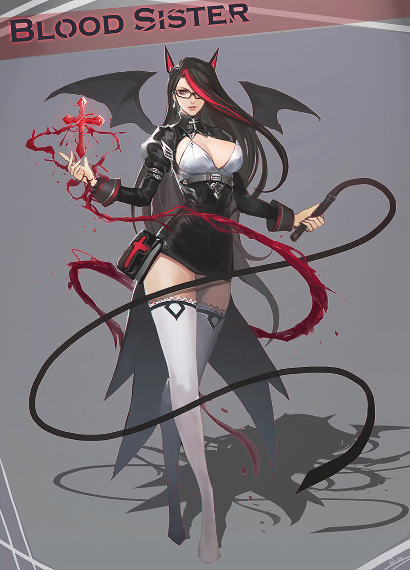Safebooru - 1girl bat wings bible black hair blood breasts cleavage earrings glasses jewelry ...
