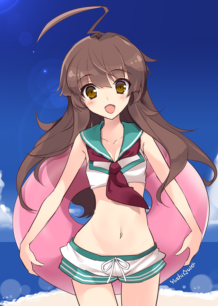 Safebooru - 1girl ahoge brown eyes brown hair commentary request crop top groin innertube kantai ...