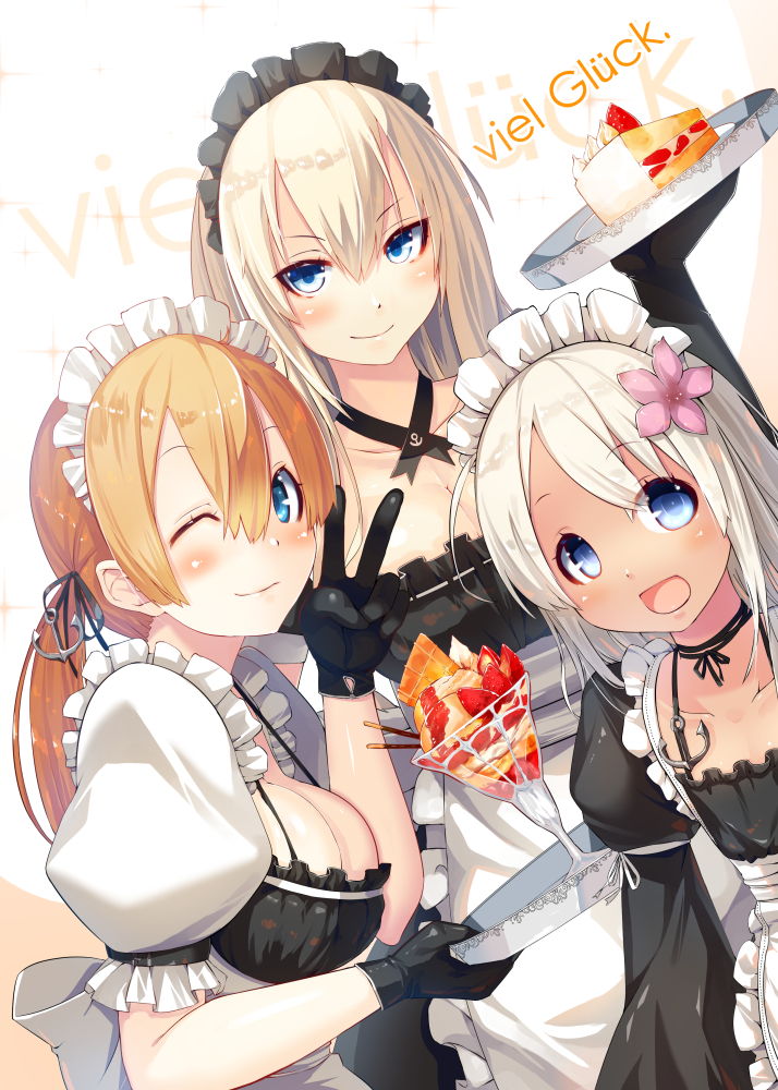 Safebooru - 3girls alternate costume bismarck (kantai collection) black gloves blonde hair blue ...