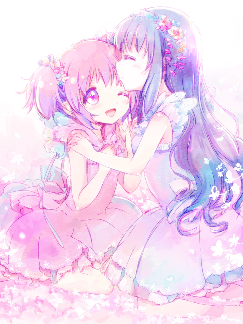 Safebooru - 2girls akemi homura alternate costume dress flower forehead kiss hair flower hair ...