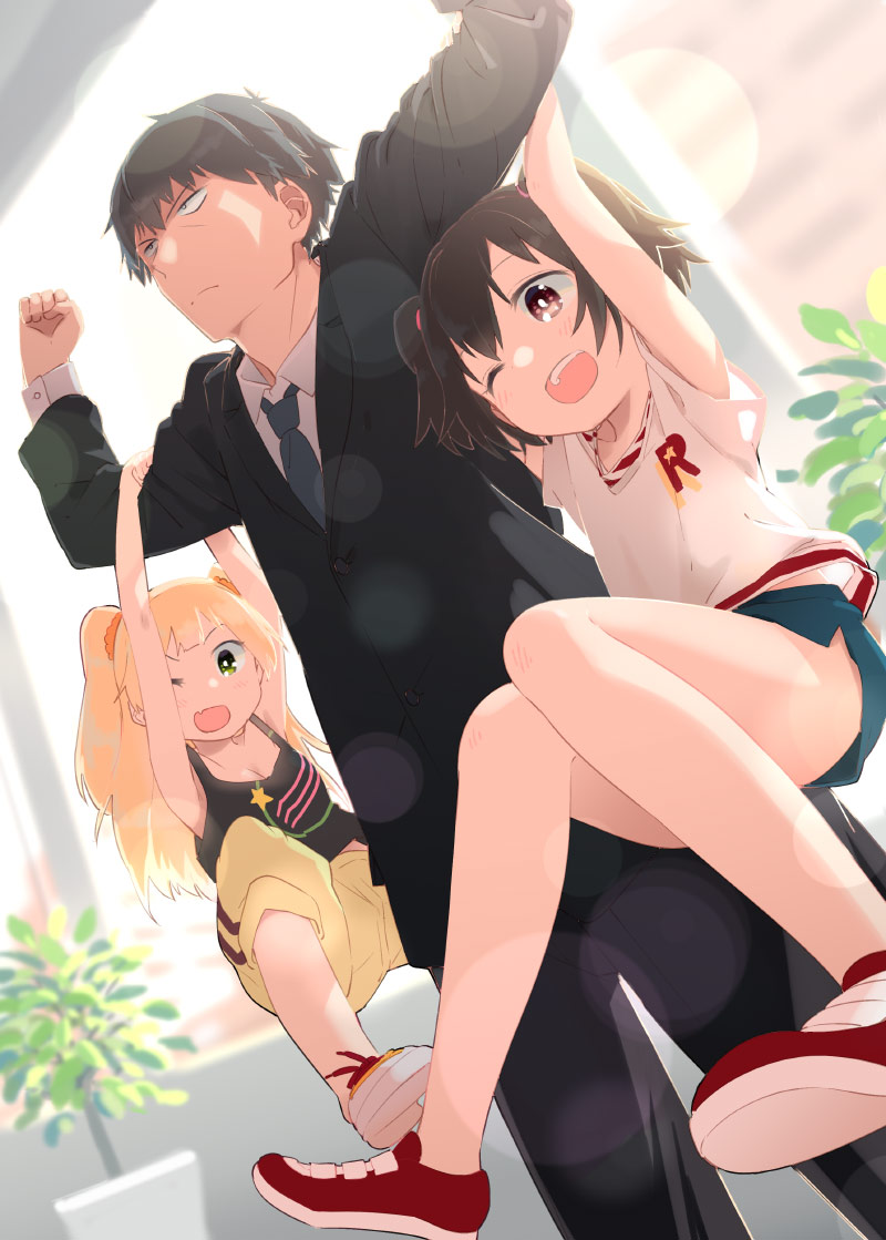 Safebooru - 1boy 2girls akagi miria black hair blonde hair formal green eyes idolmaster ...
