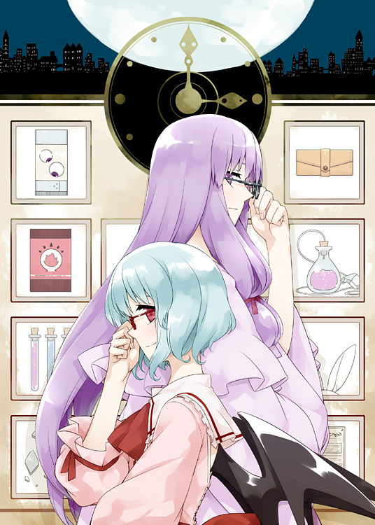 Safebooru - 2girls adapted costume alternate costume ascot bat wings bespectacled black-framed ...