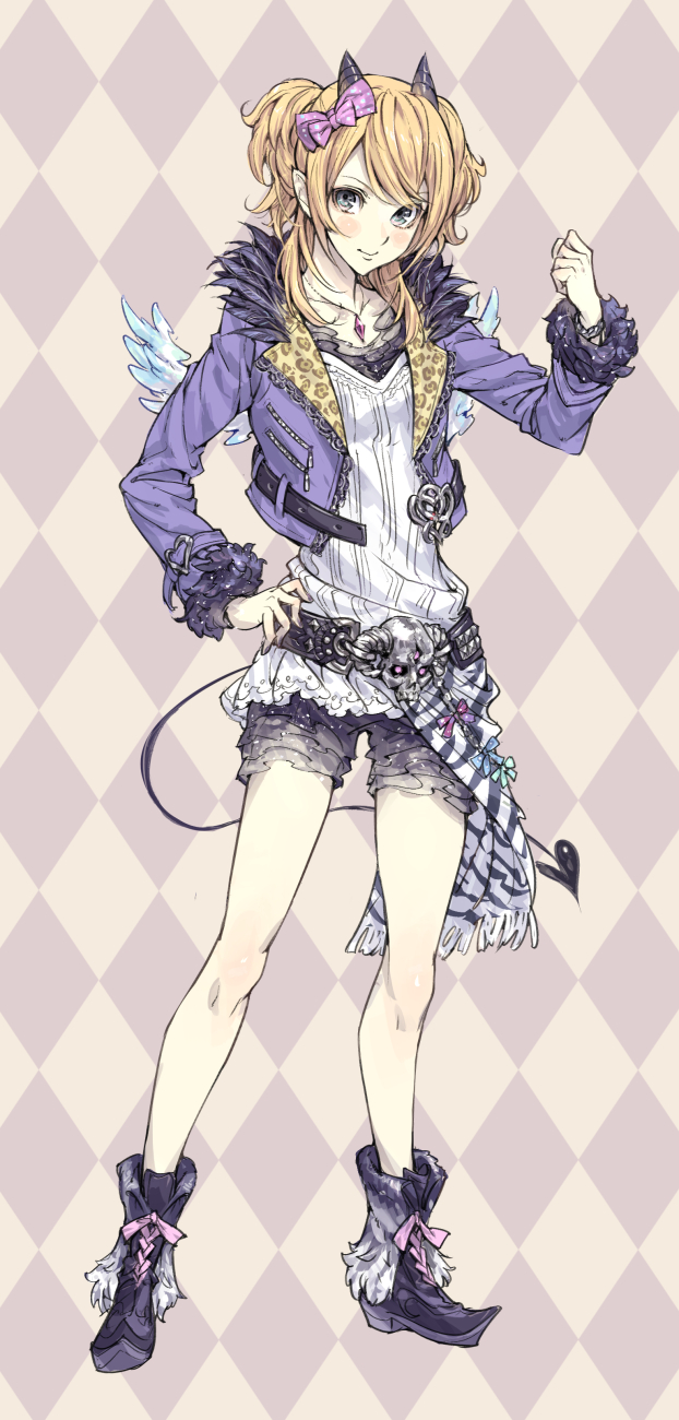 Safebooru - 1girl ankle boots argyle argyle background beltskirt black boots blonde hair blush ...