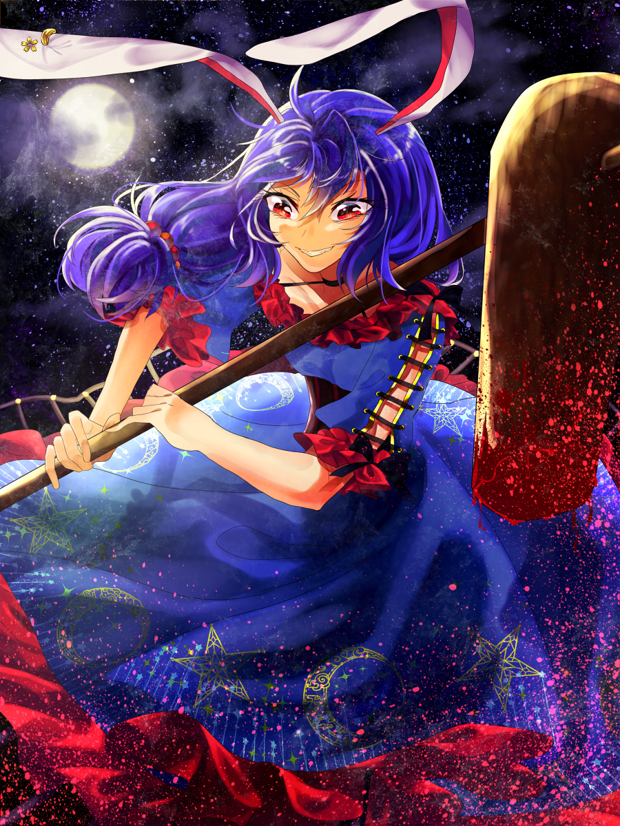 Safebooru - 1girl animal ears blood blood stain blue hair full moon ...
