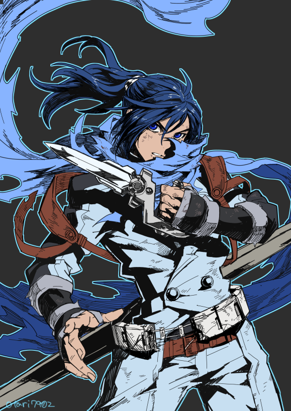 Safebooru - 1boy blue eyes blue hair indesign long hair ponytail scarf ...