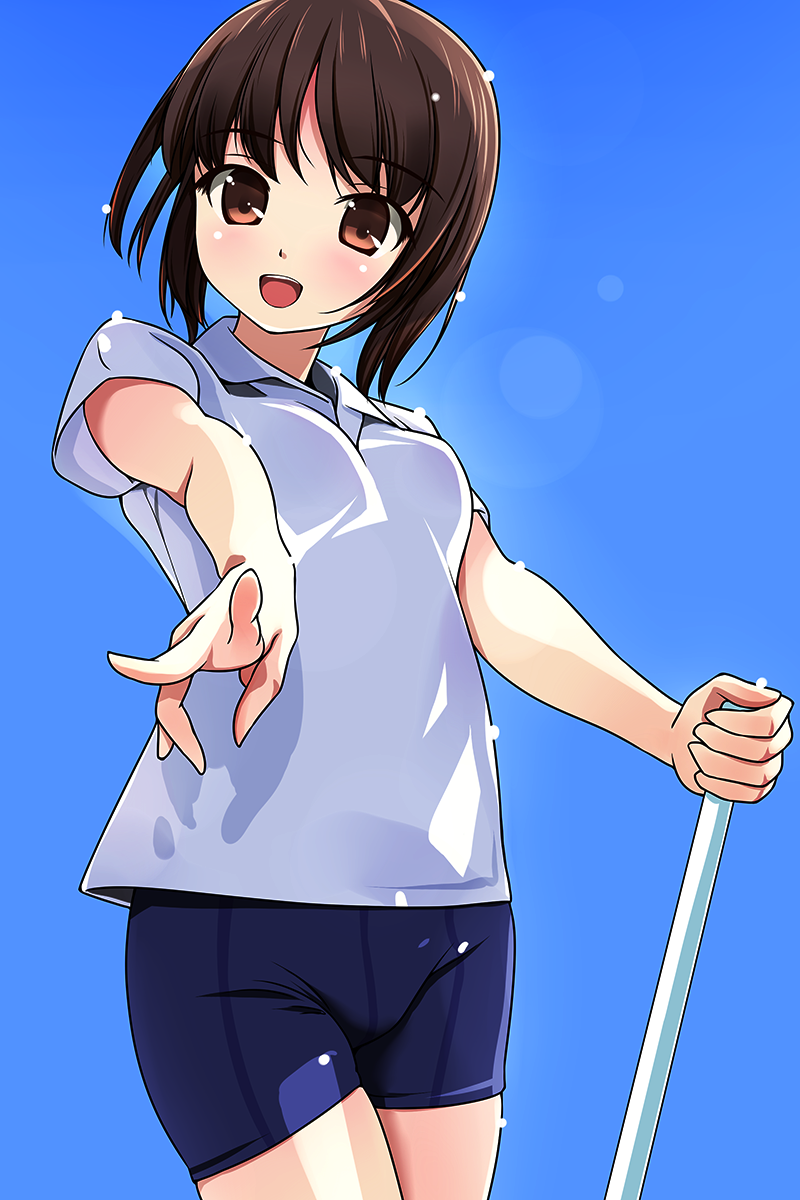 Safebooru - 1girl bike shorts blush brown eyes brown hair highres looking at viewer matsunaga ...