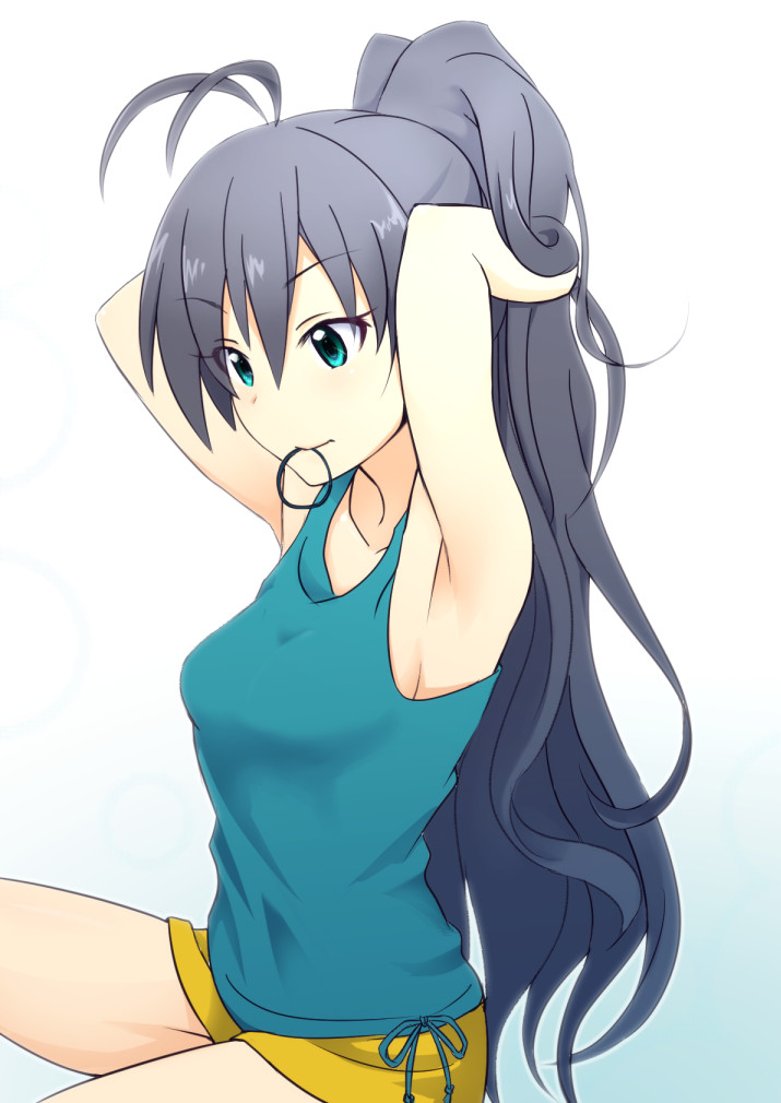 Safebooru - 1girl adjusting hair antenna hair aqua eyes armpits arms up black hair ganaha hibiki ...
