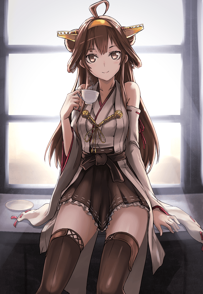 Safebooru - 1girl ahoge brown hair cup hairband headgear japanese clothes kantai collection ...